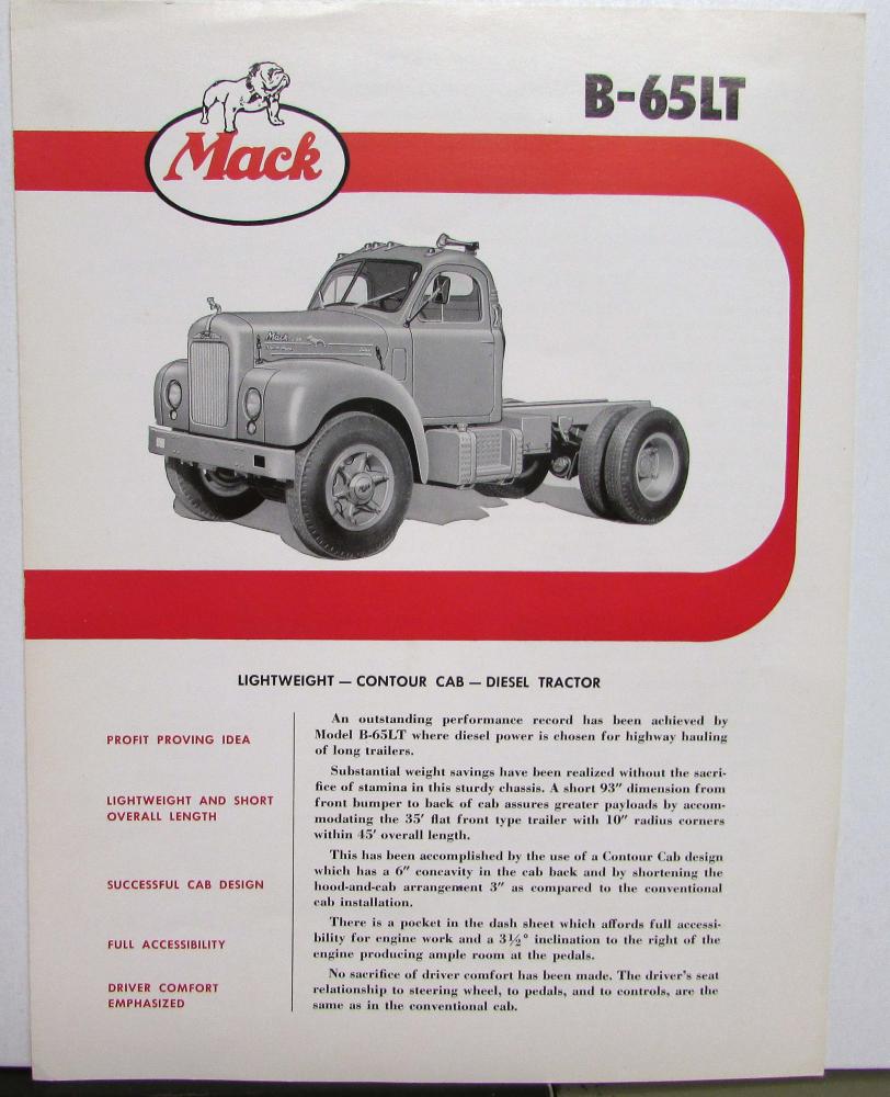 1956 Mack Trucks Model B 65LT Diagram Dimensions Sales Brochure Original