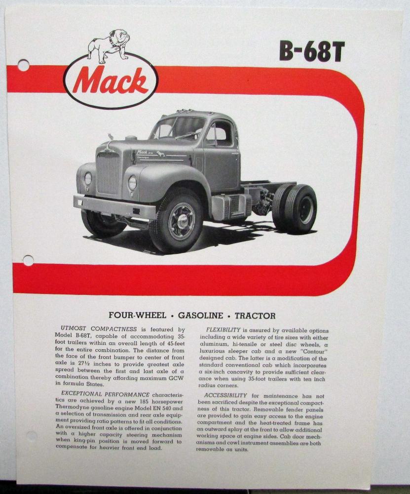 1961 Mack Trucks Model B-68T Diagram Dimensions Sales Brochure Original