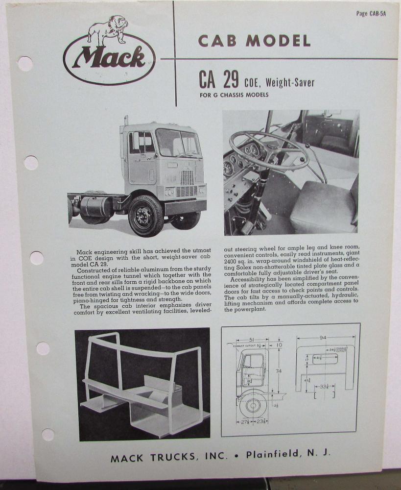 1960 Mack Trucks Cab Model CA 29 COE Weight Saver G Chassis Sales Sheet ...