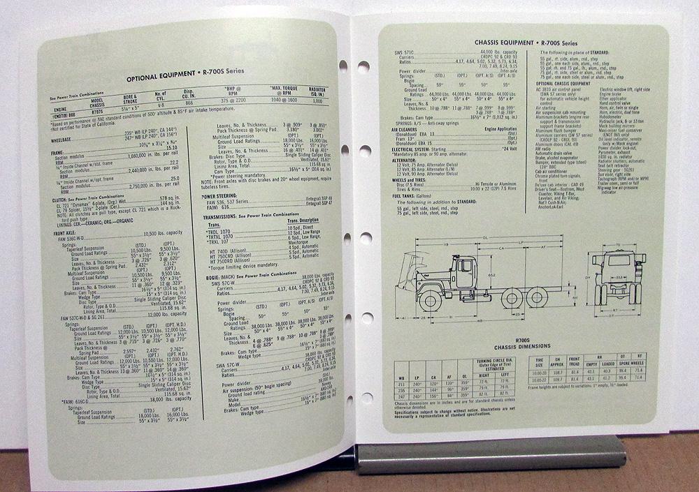 1978 Mack Trucks Model R 700S Specifications Sales Brochure Original