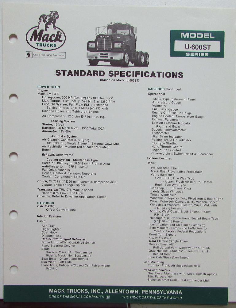 1982 Mack Trucks Model U 600ST Diagram Dimensions Sales Brochure Original