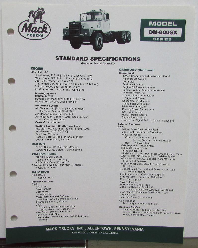 1985 Mack Trucks Model DM-800SX Diagrams Dimensions Specifications ...