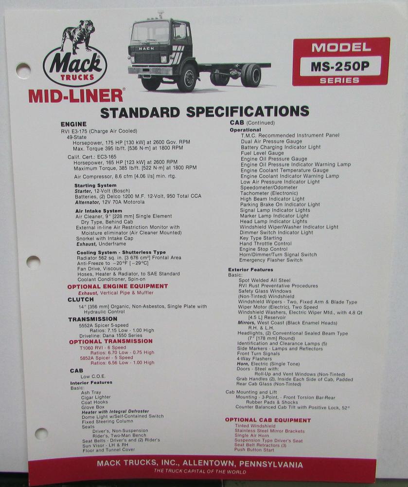 1986 Mack Trucks Model MS 250P Diagrams Dimensions Specifications Sheet ...
