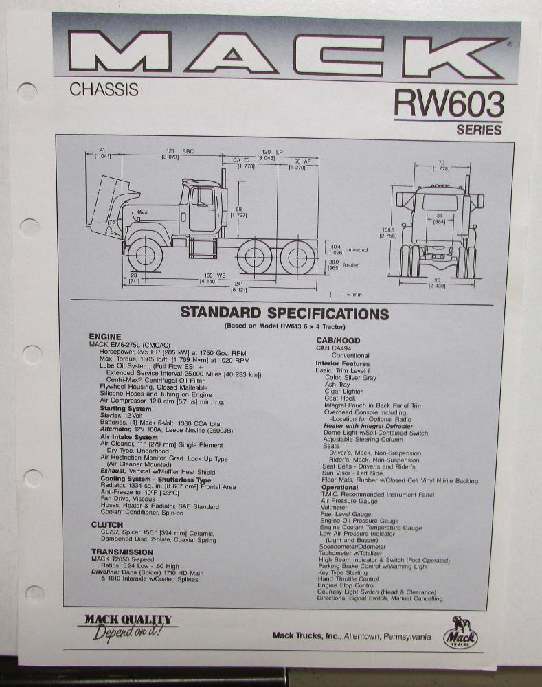 1989 Mack Trucks Model RW 603 Standard Specifications Sheet Original