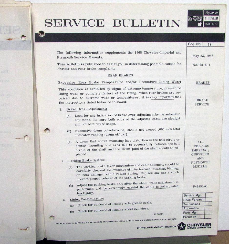 1968 Chrysler Plymouth Dealer Technical Service Bulletins Set Repair ...