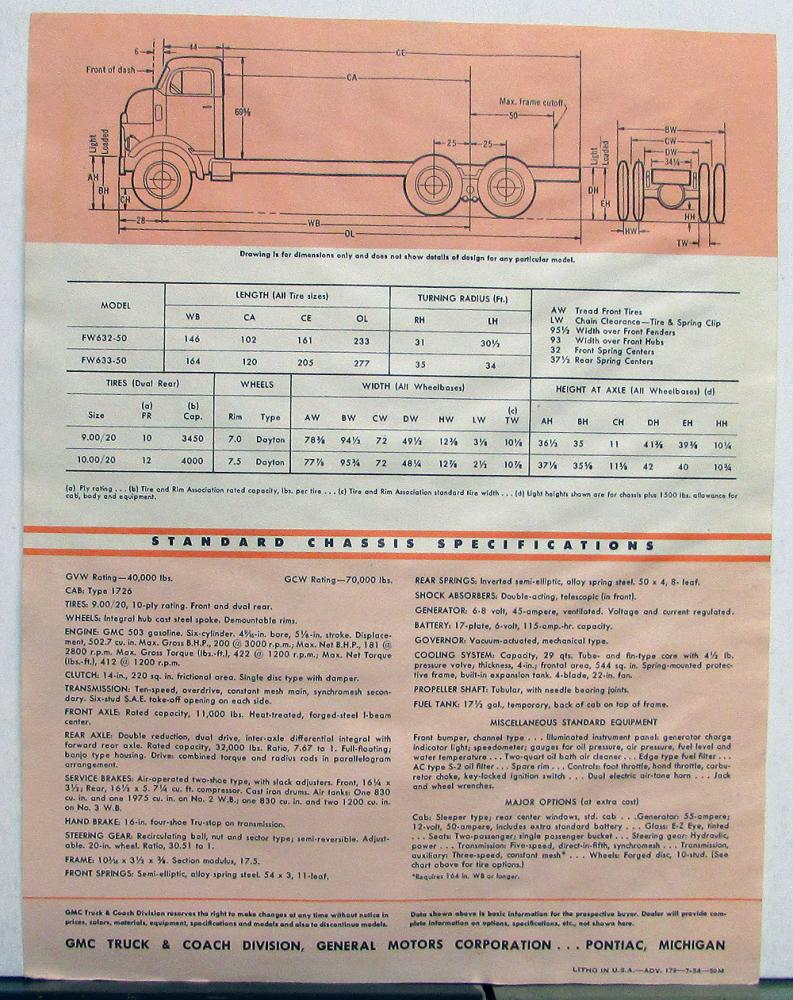 1954 1955 GMC FW 630 50 Truck 503 Engine Sales Brochure Data Sheet Original