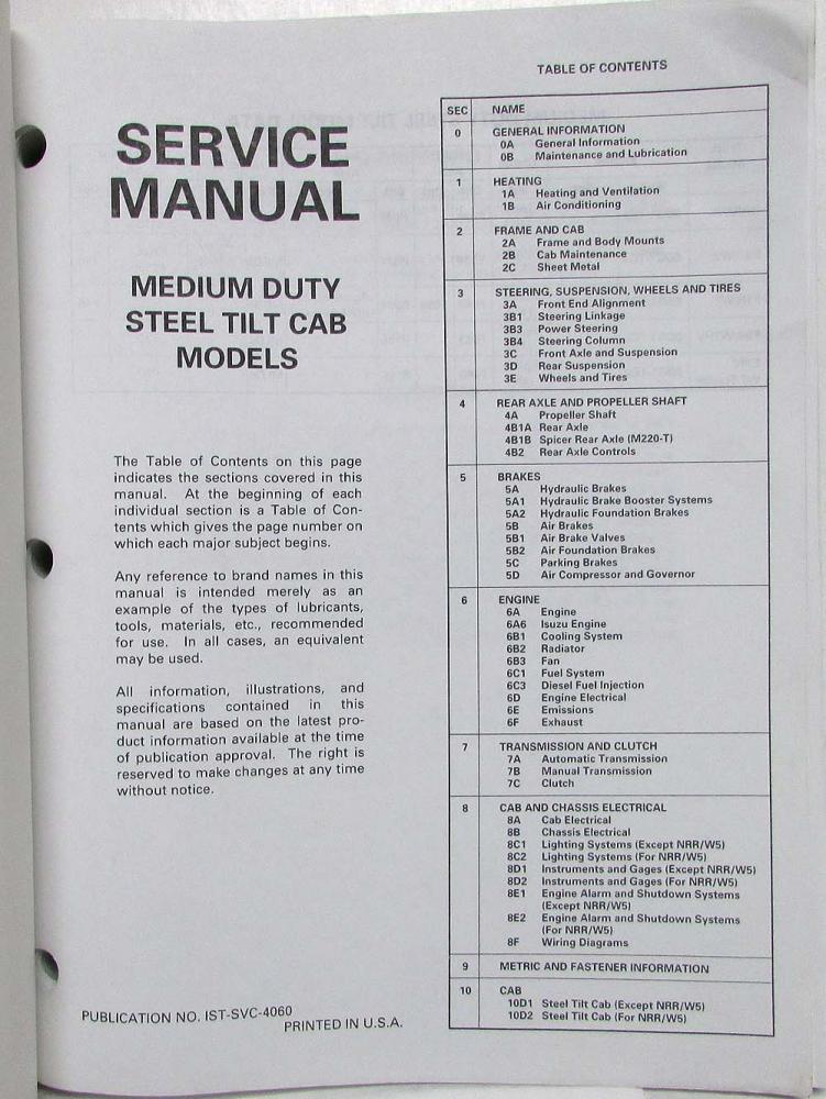 1992 Isuzu GMC Chevy Truck Forward Tiltmaster Service Manual