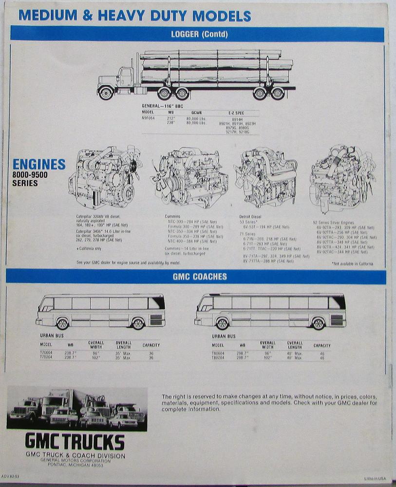 1982 GMC Trucks Light Medium Heavy Applications Buses Engines Sale ...
