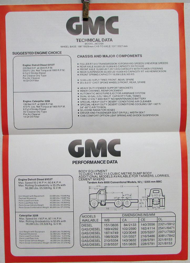 1978 Gmc Model J8c064 8000 Series Truck Tech And Performance Data Sheet