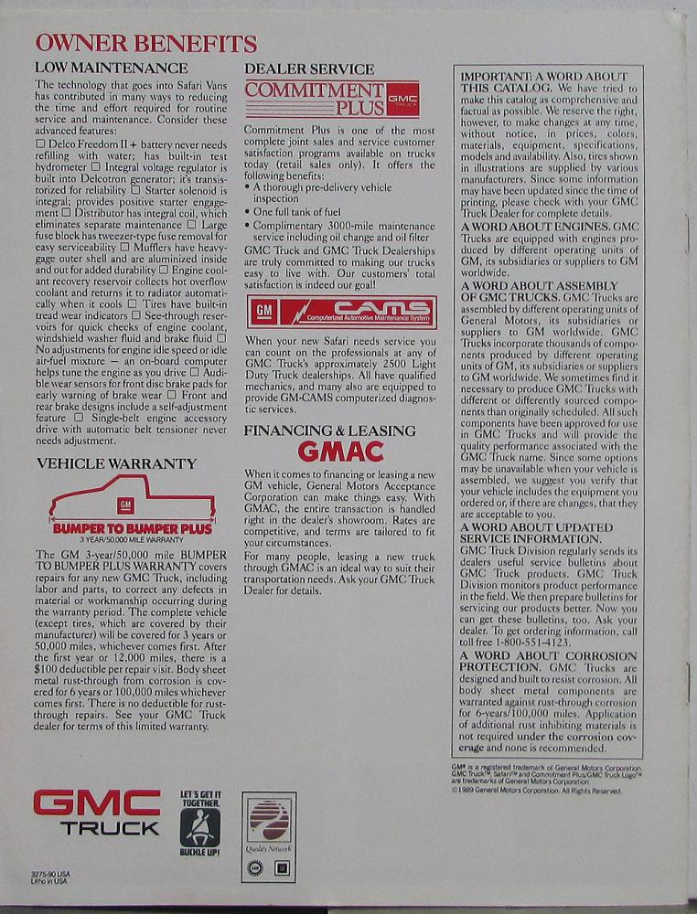 1990 GMC Safari Van SLX SLE SLT Truck Sales Brochure Original