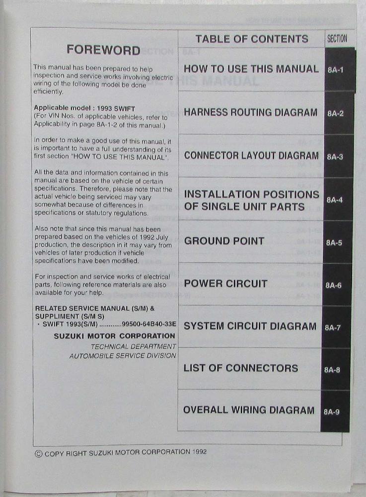 1993 Suzuki Swift Dealer Electrical Wiring Diagram Manual