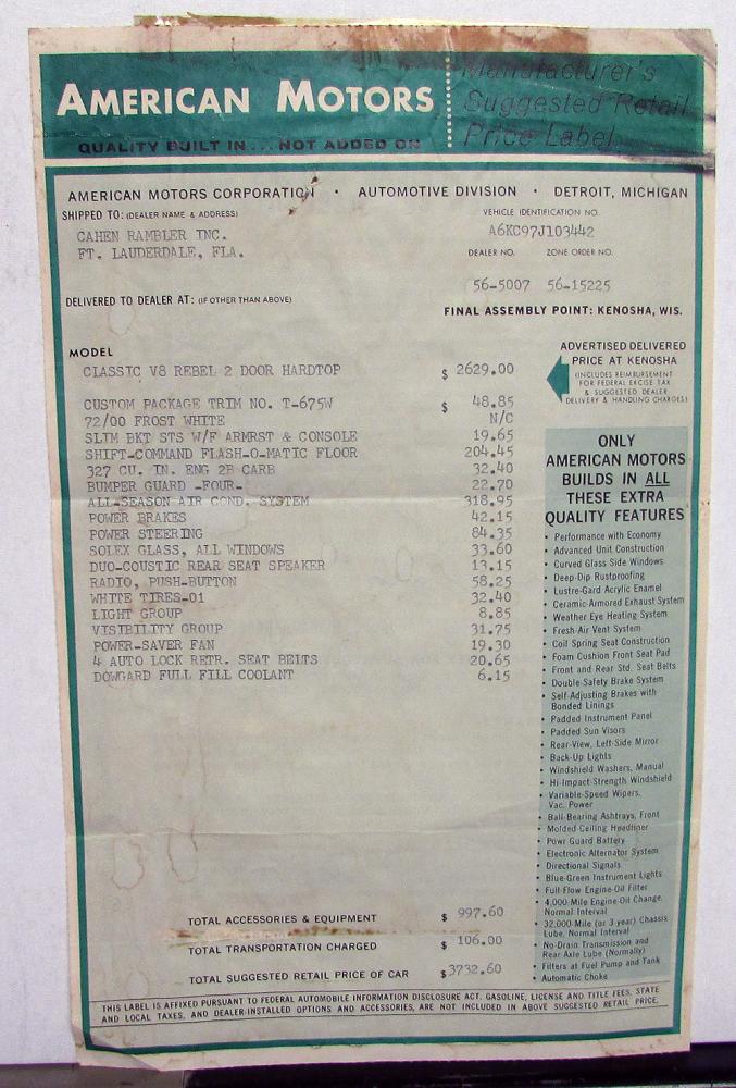 1966 American Motors AMC Rebel V8 2 Door Hardtop Window Sticker Original