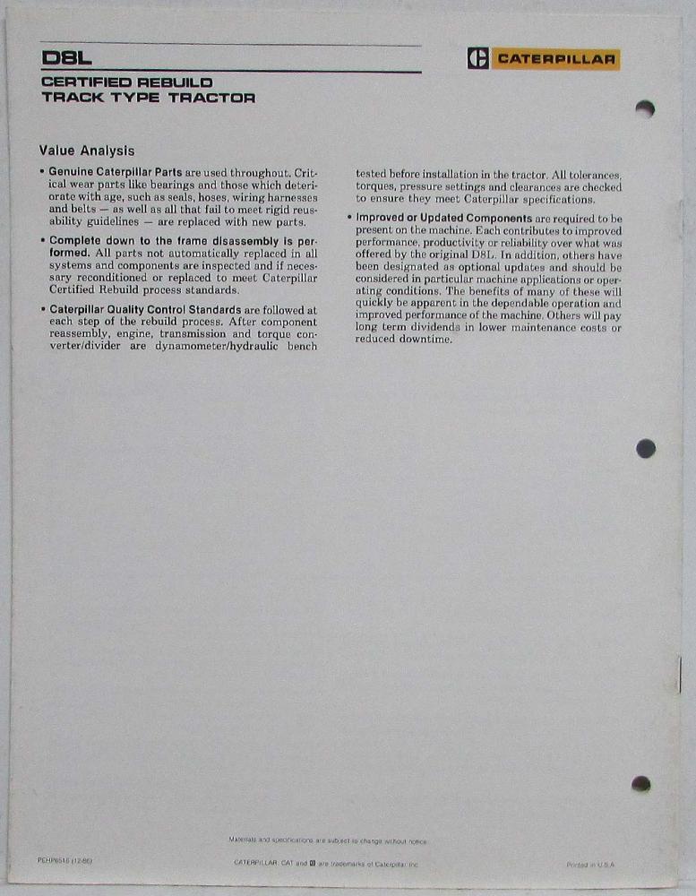 1987 Caterpillar D8l Certified Rebuild Track Type Tractor Sales Brochure