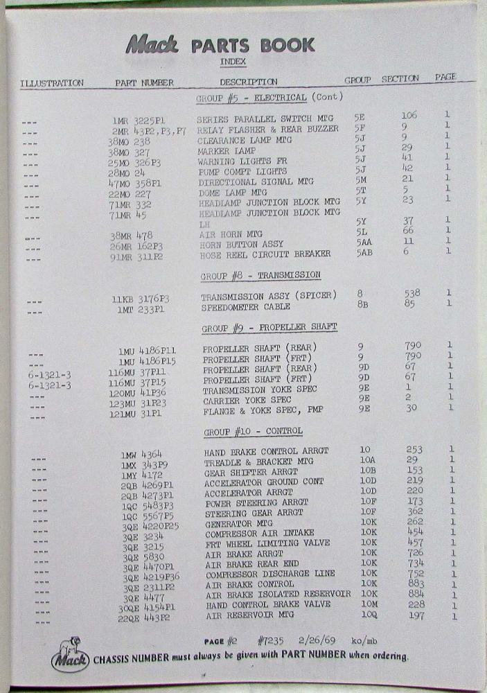 1969-1970 Mack R685F Model Truck Parts Book - Number 7235