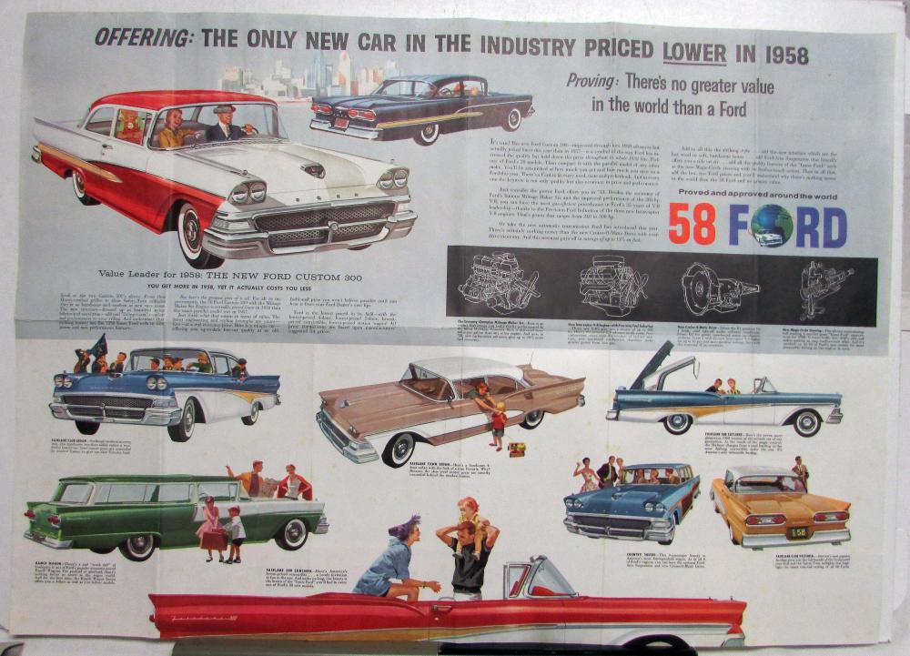 1958 Ford Brochure Poster Fairlane Club Victoria Country Squire Custom 300