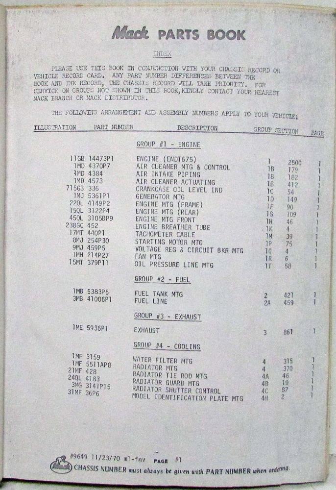 1971 Mack Truck DM685SX 5198-5212 Model Parts Book - Number 9649