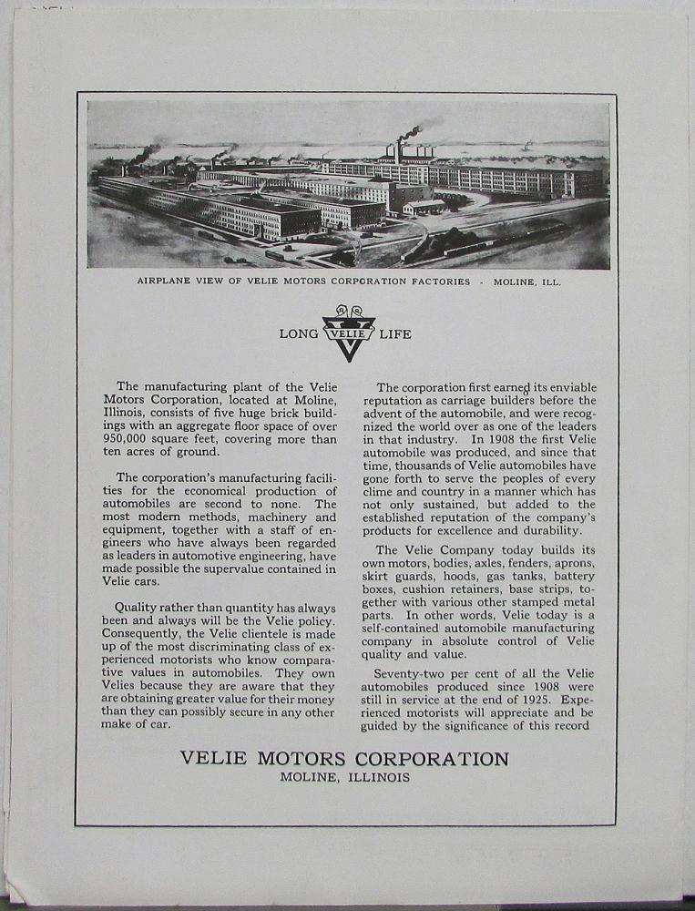 1926 ? Velie Sedans Coupe Phaetons Sales Folder Reproduction Form AEI 62
