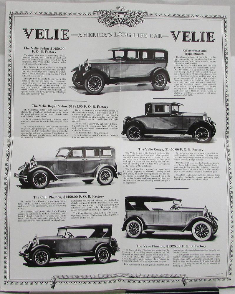 1926 ? Velie Sedans Coupe Phaetons Sales Folder Reproduction Form AEI 62