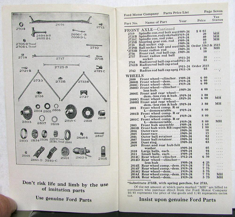 1924 Ford Model T Price List of Parts & Accessories 1909 Thru 1924 ...