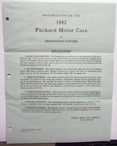 1942 Packard Motor Cars Vehicle Model Information Sheets Data Price Numbers