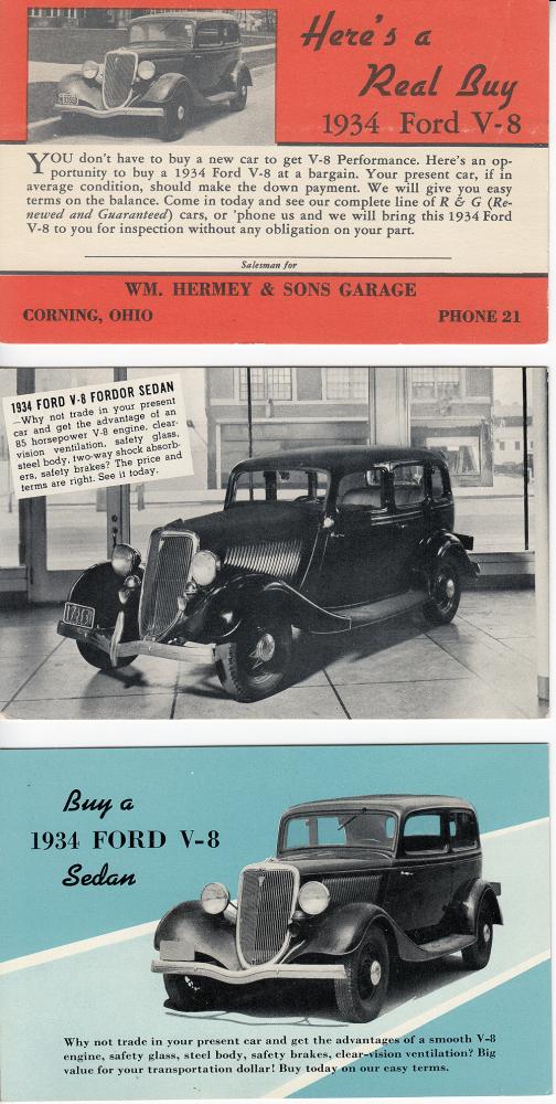 1934 Ford V8 Cars Set of 3 Vintage Postcards