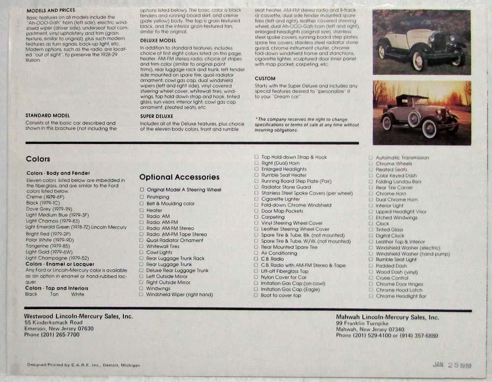 1979 Ford Model A Roadster Reproduction Sales Folder Brochure