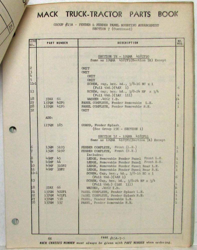 1958 Mack Truck-Tractor B67T Parts Book Sections Group 15