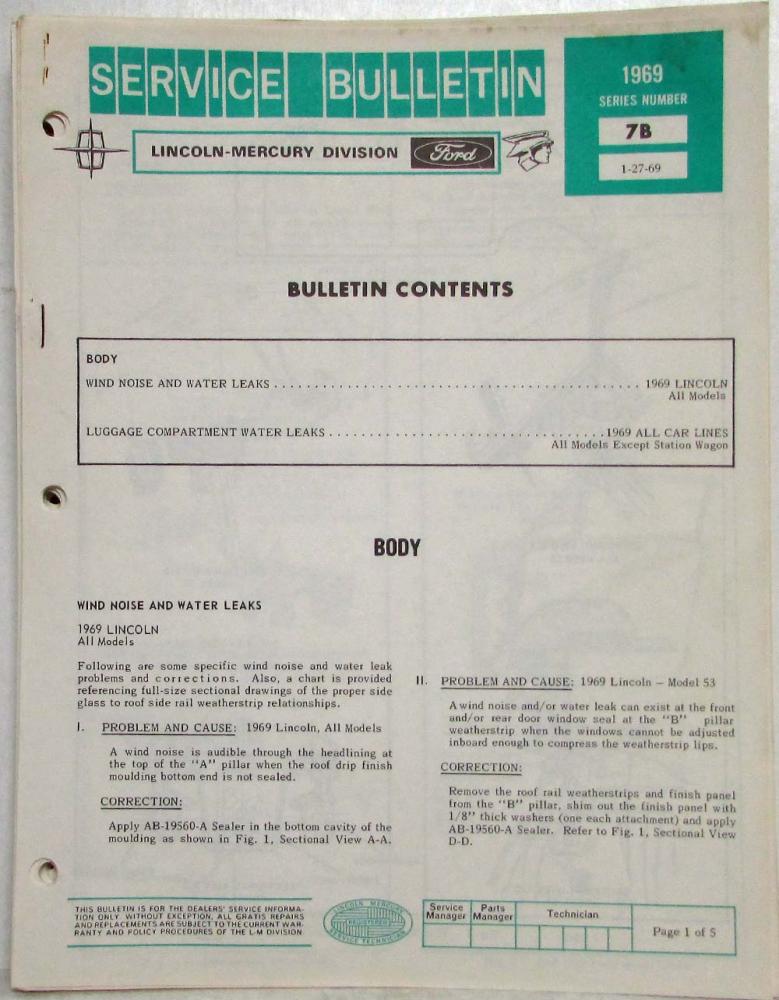 1969 Lincoln Mercury Division Service Bulletins Partial Lot