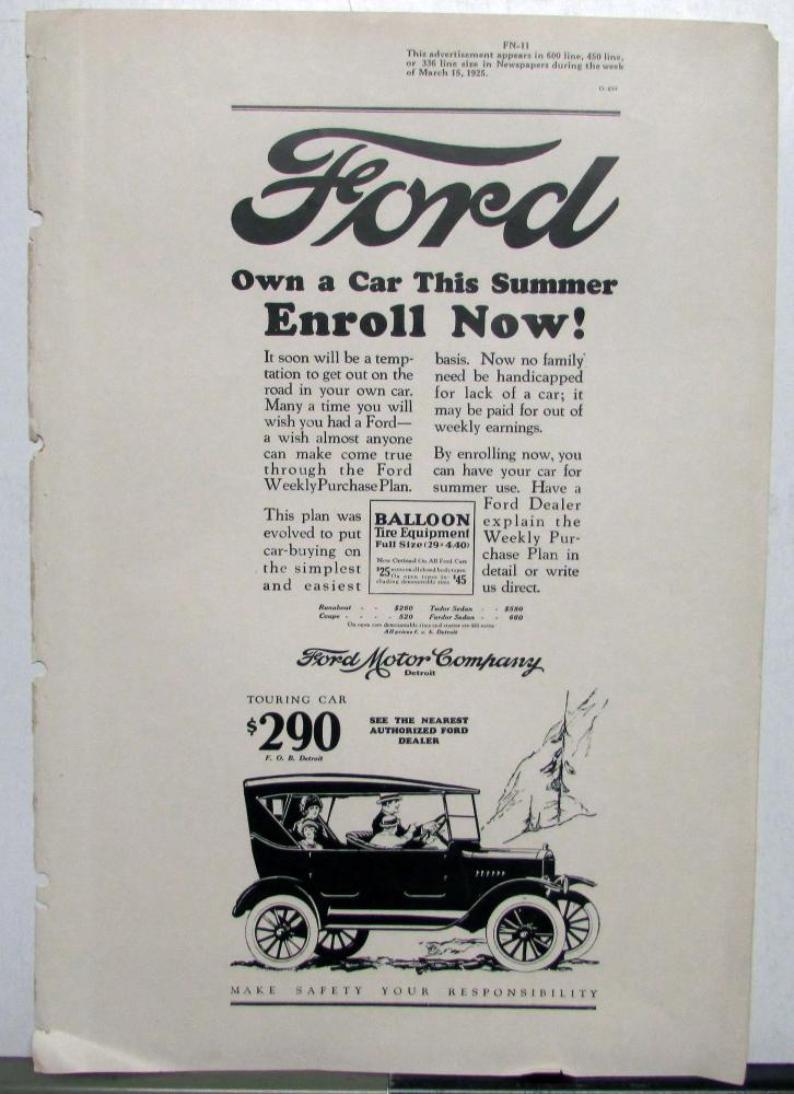 1925 Ford Model T Touring Car Runabout Tudor Fordor Pricing Ad Proof ...