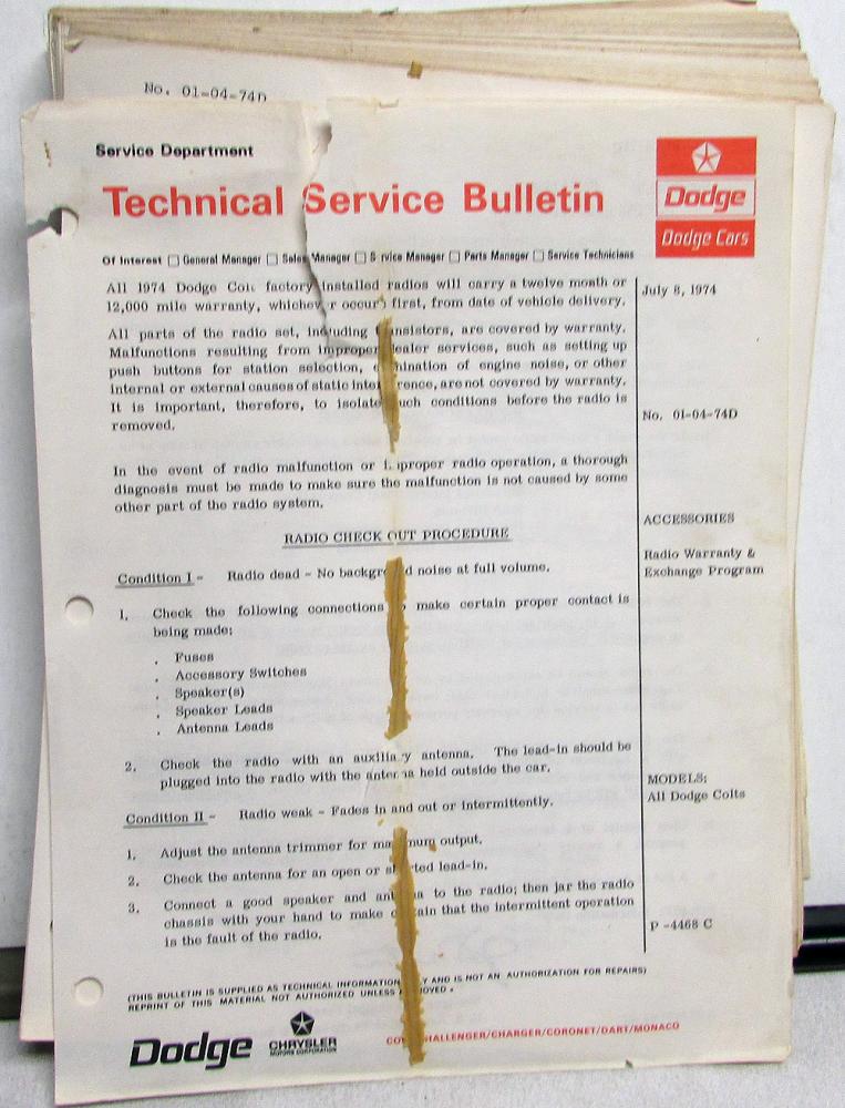 1974 Dodge Dealer Technical Service Bulletins Charger Dart ...