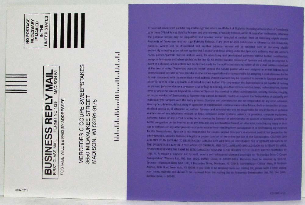 2002 Mercedes-Benz C-Class Sales Folder and Sweepstakes Entry with Envelope
