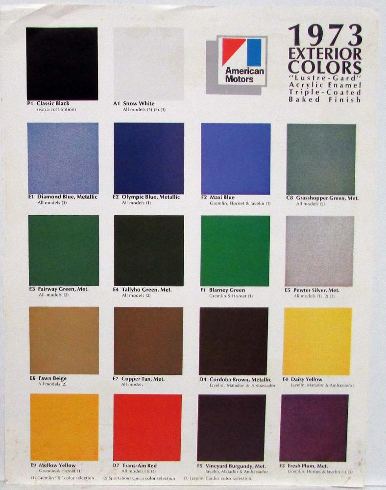 1973 AMC Exterior Color Paint Chips Woodgrain Vinyl Roofs Two Tones ...