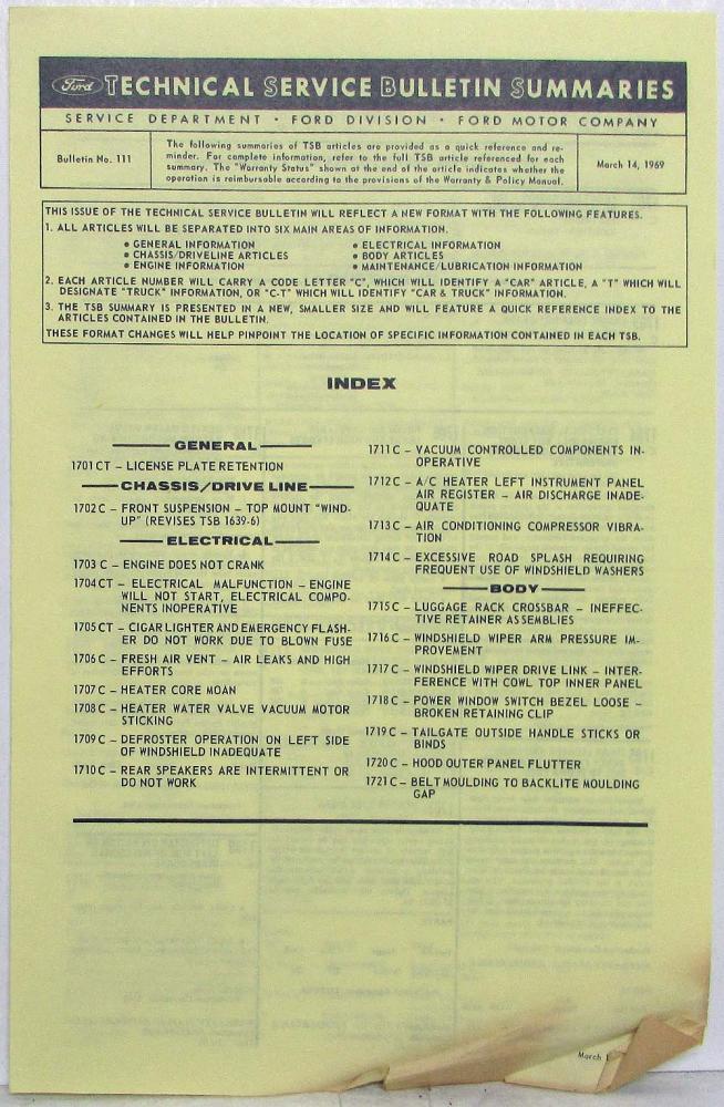 1969 Ford Service Department Technical Service Bulletin Summaries Lot ...