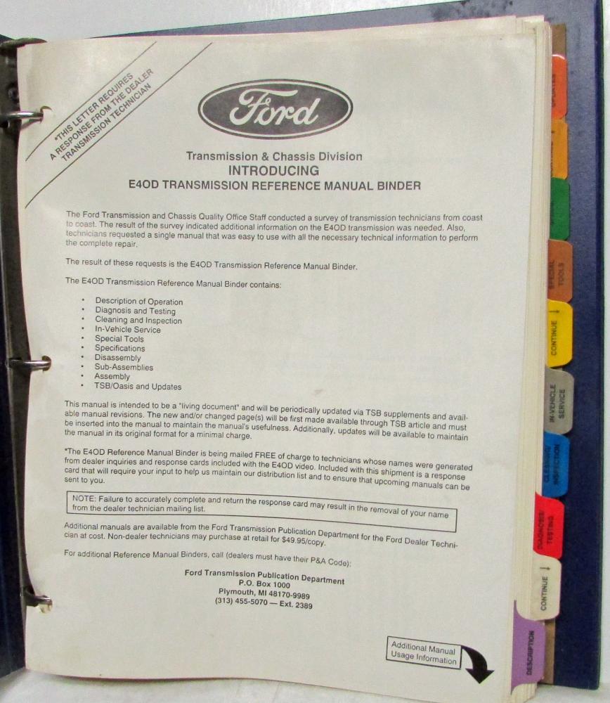 1989-1991 Ford E4OD Transmission Reference Manual TSTS 1705-204 F ...