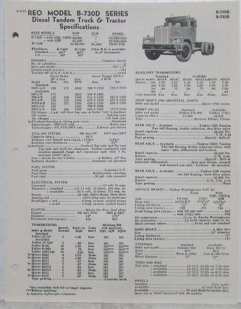 1957 REO B-730D and B-733D Model Truck Specifications Sheet