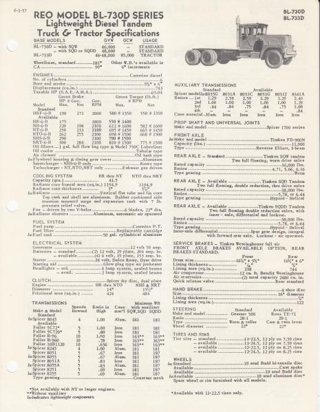 1957 REO BL-730D and BL-733D Model Truck Specifications Sheet