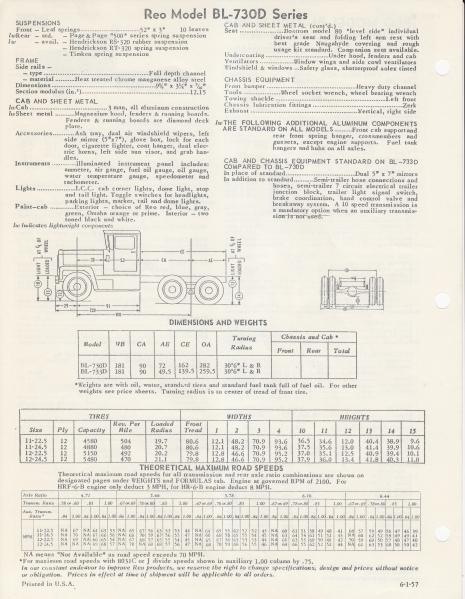 1957 REO BL-730D and BL-733D Model Truck Specifications Sheet