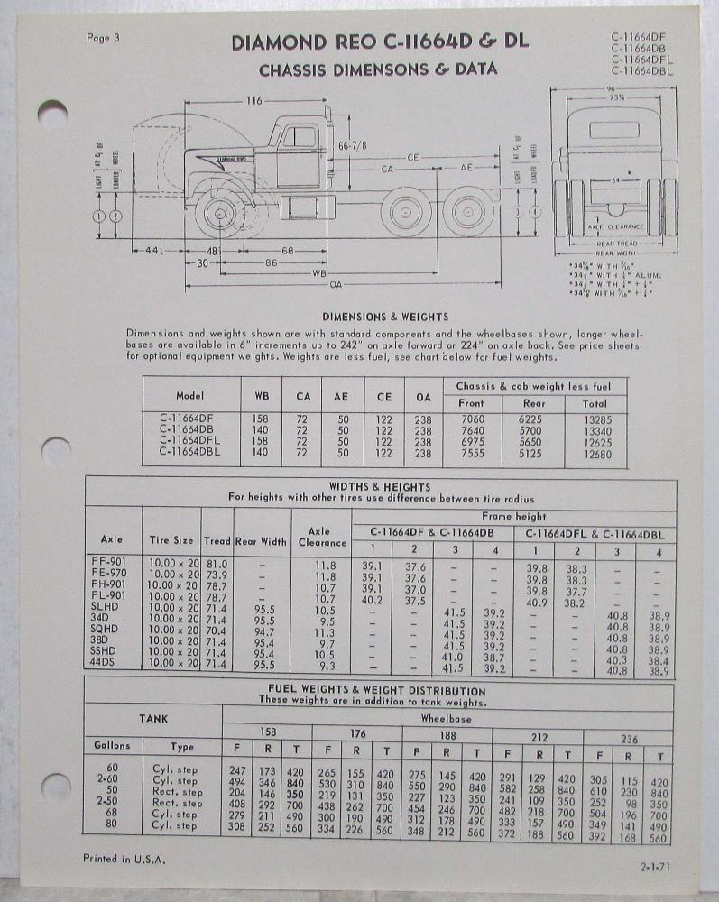 1971 Diamond REO C-11664D/DL Truck Specs with Chassis Dimensions and ...
