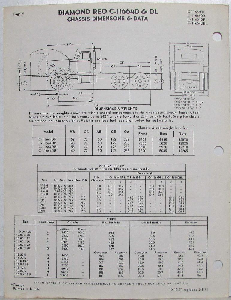 1970 Diamond REO CF-8364D/DL Diesel Conventional Truck Specifications ...