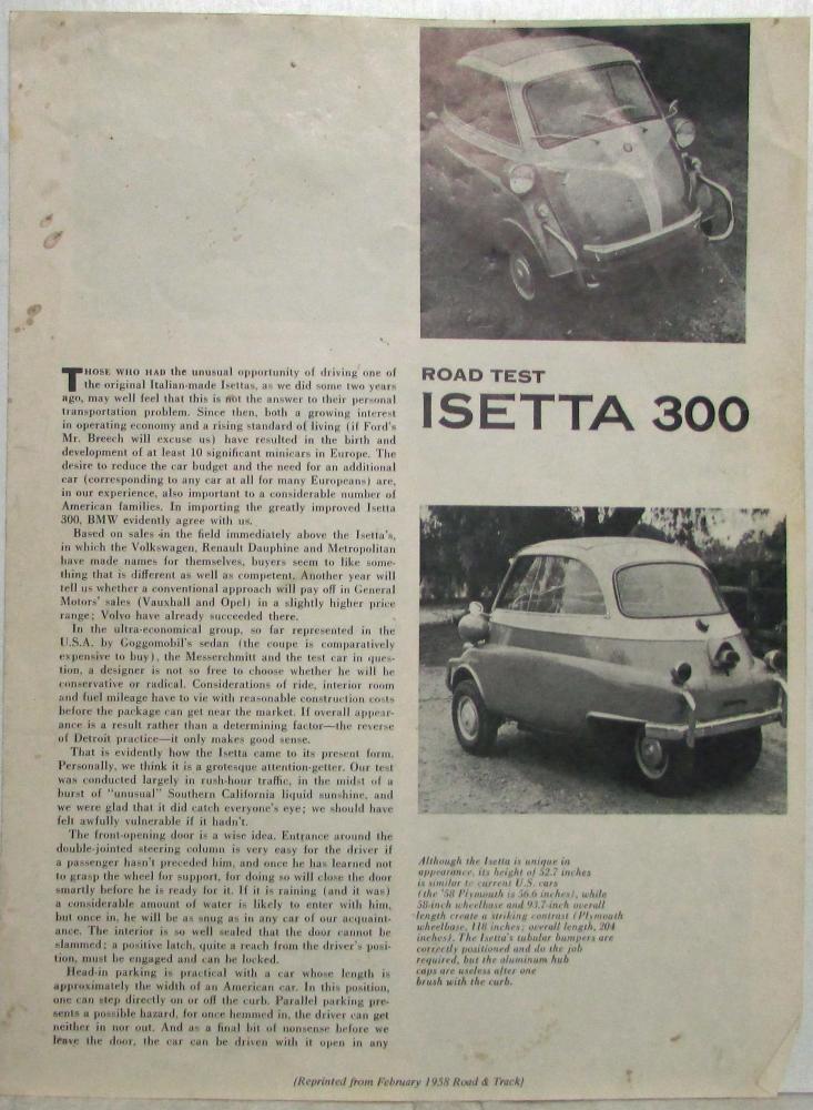1958 BMW Isetta 300 Road and Track Road Test Reprint Article