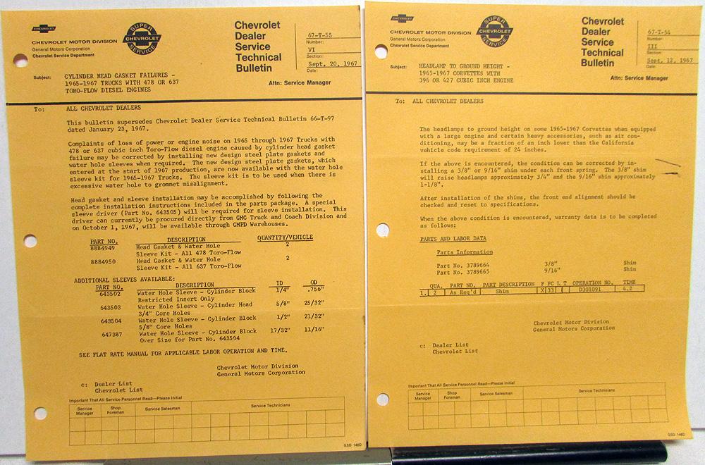1967 Chevrolet Dealer Technical Service Bulletins #4-59 Corvette Camaro ...