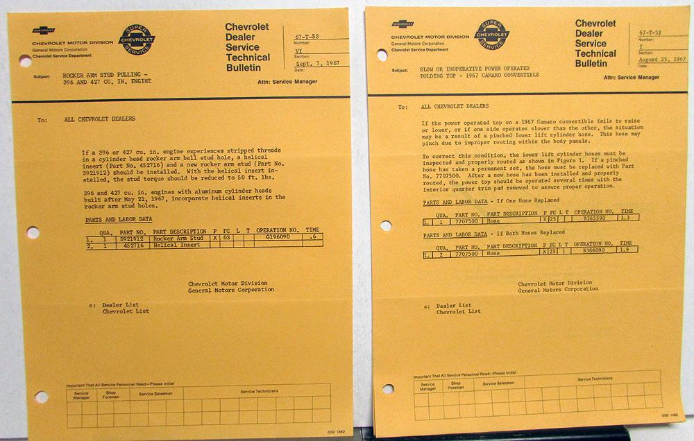 1967 Chevrolet Dealer Technical Service Bulletins #4-59 Corvette Camaro ...
