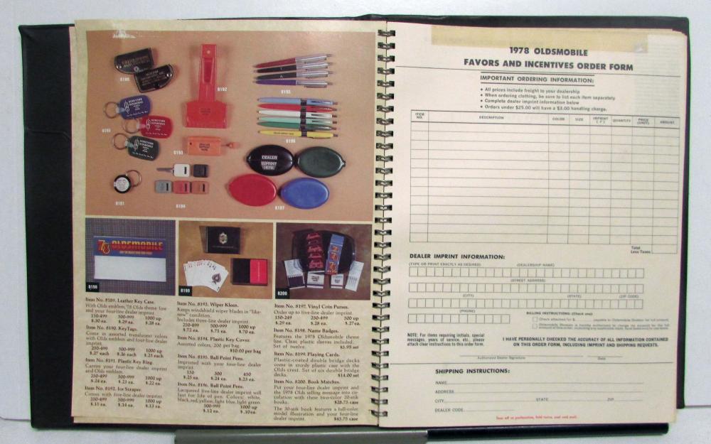 1978 Oldsmobile Incentives Codes Order Forms Merchandising Planning Guide
