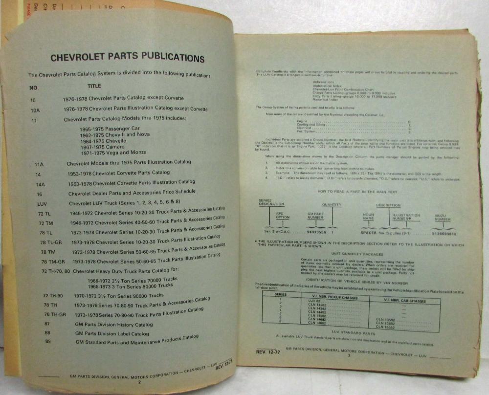 1972-1978 Chevrolet LUV Truck Chassis and Body Parts Book Series 1 thru 8