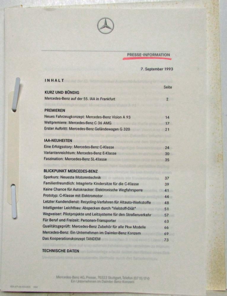 1993 Mercedes-Benz Media Information Press Kit - German Text