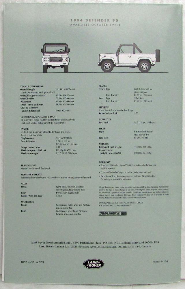 1994 Land Rover Defender 90 Sales Brochure with Small Poster