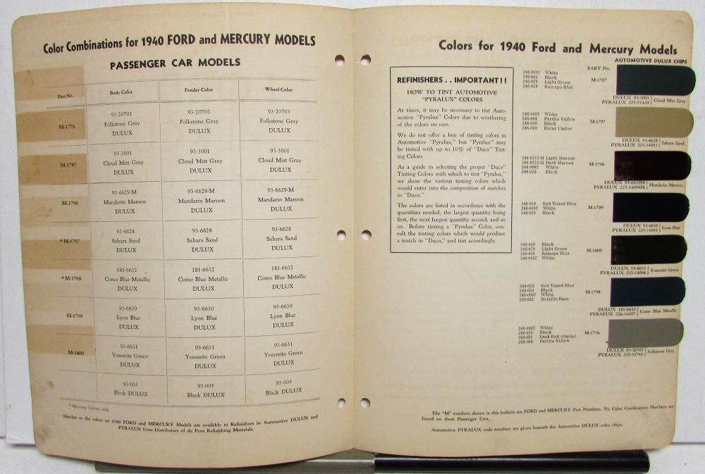 1940 Ford Mercury DuPont Automotive Paint Chip Colors Bulletin No 12 ...