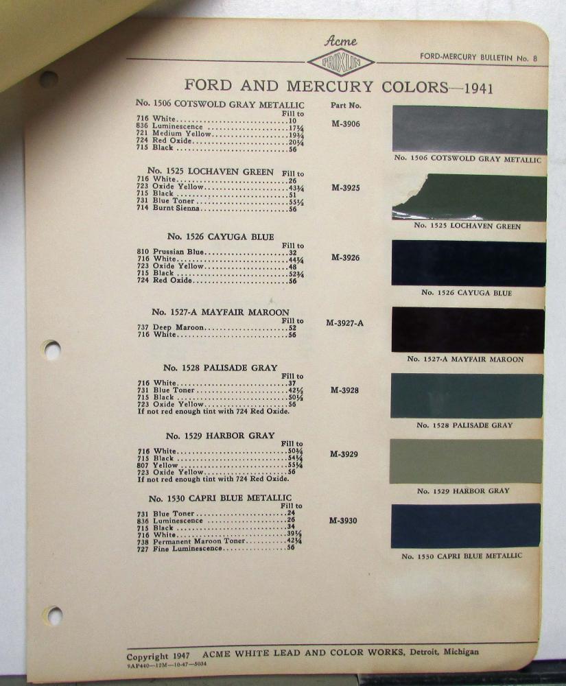 1941 Ford Mercury Acme Automotive Paint Chip Colors Bulletin No 8 Original