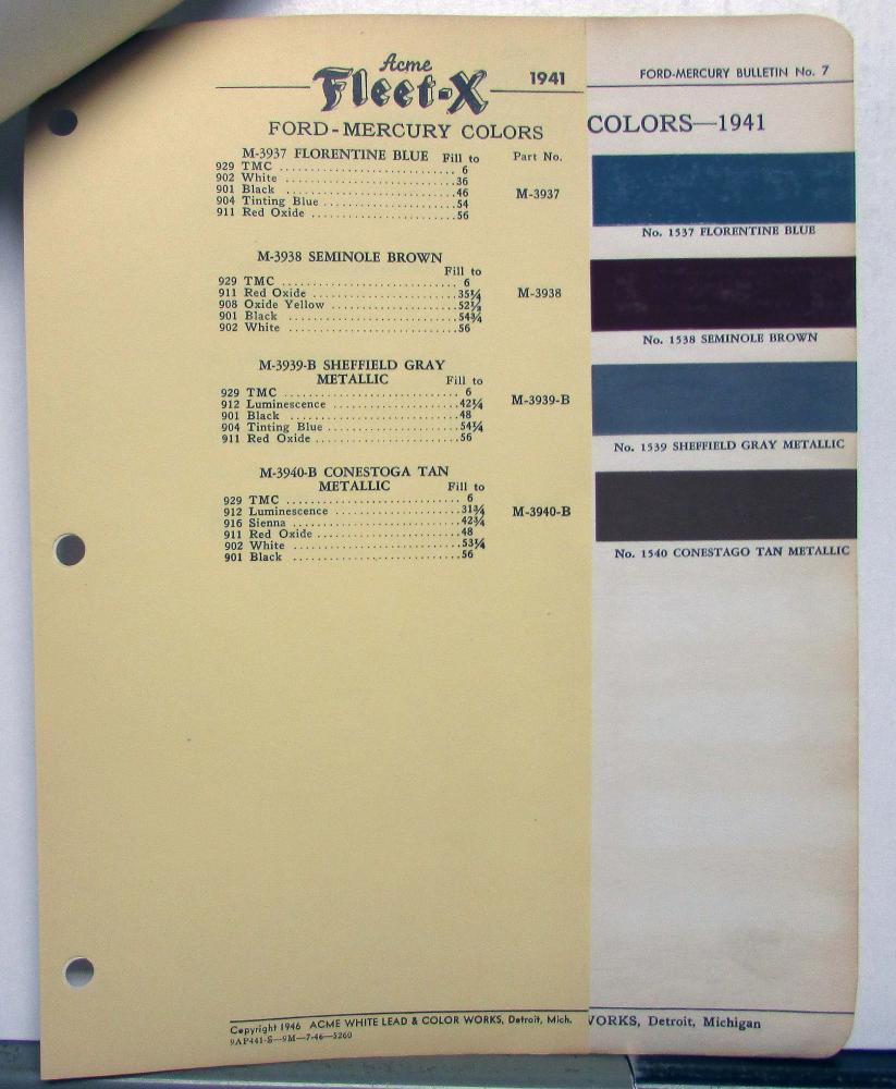 1941 Ford Mercury Acme Automotive Paint Chip Colors Bulletin No 8 Original