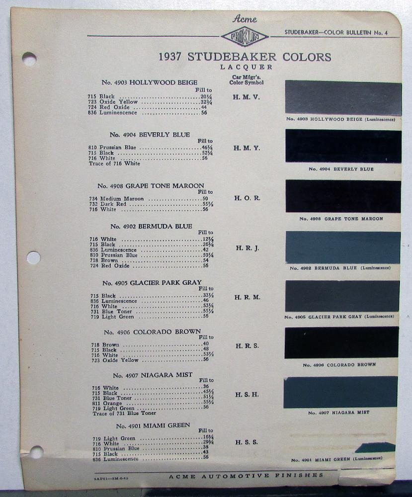 1937 Studebaker Color Paint Chips Samples Acme Leaflet Original